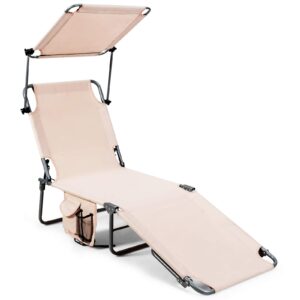 giantex tanning chair, patio chaise lounge chair with 5 adjustable position, shade canopy, storage pocket, camping cot, outdoor sunbathing recliner for poolside, lawn folding beach chairs(1, beige)