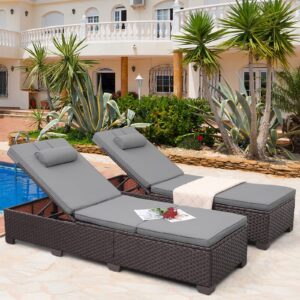 outdoor pe wicker chaise lounge set, patio lounge chairs, outside pool lounger furniture set of 2, brown rattan recliners with adjustable backrest, and grey cushions