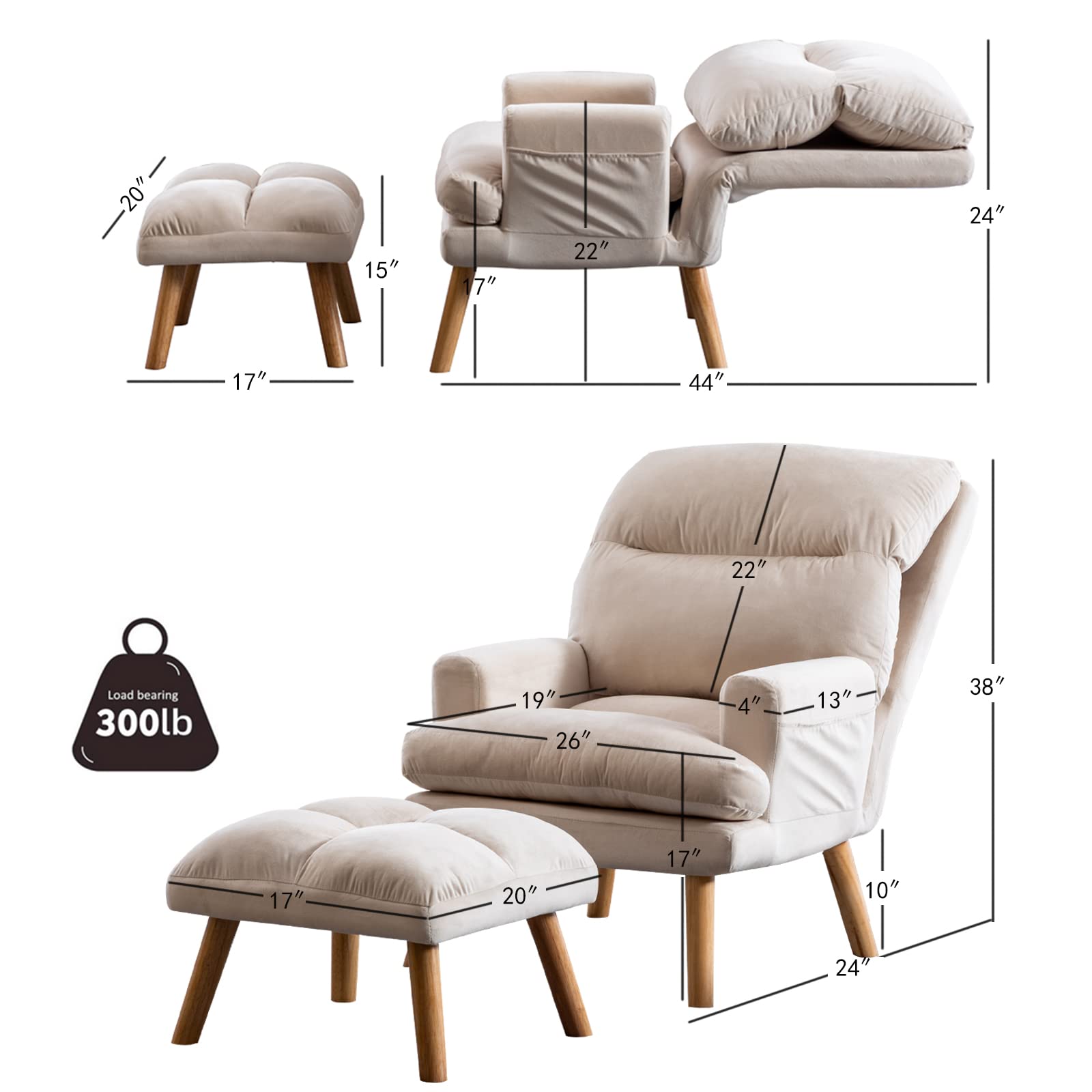 CANMOV Modern Accent Chair with Ottoman, Soft Fabric Armchair with Adjustable Backrest and Side Pockets, Comfy Lounge Chair for Living Room, Bedroom, Apartment, Office, Beige