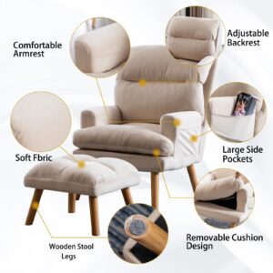 CANMOV Modern Accent Chair with Ottoman, Soft Fabric Armchair with Adjustable Backrest and Side Pockets, Comfy Lounge Chair for Living Room, Bedroom, Apartment, Office, Beige