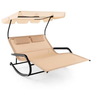 tangkula 2 person lounge chair with adjustable canopy, outdoor chaise lounge with 2 detachable pillows and wheels, extra large double patio hammock bed swing for backyard, poolside