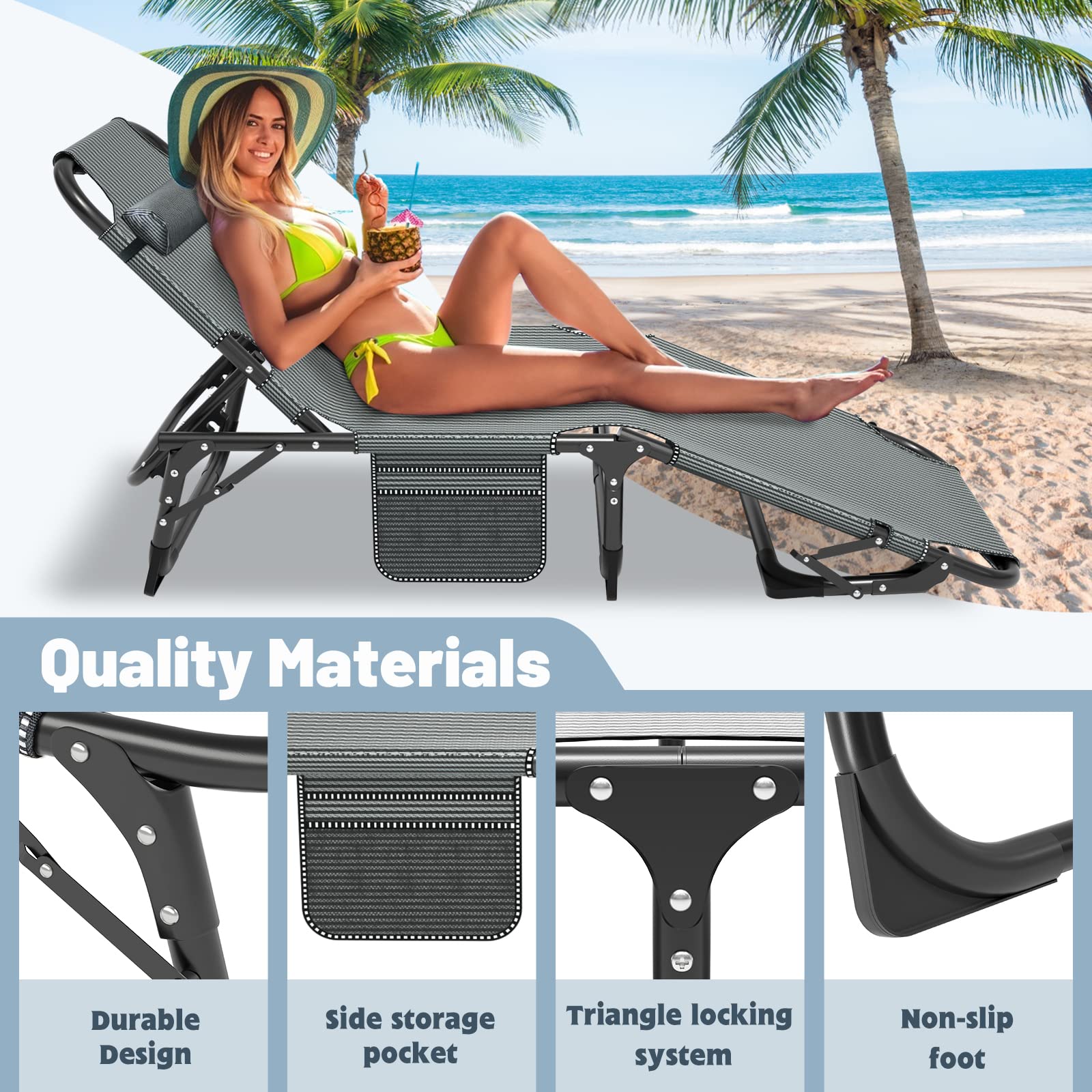 Slsy Folding Chaise Patio Lounge Chair, Outdoor Reclining Patio Chairs, Heavy Duty Patio Chaise Lounges for Outside, Poolside, Beach, Lawn, Camping