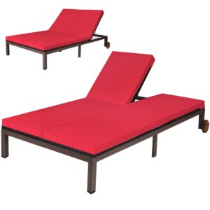 tangkula 2-person patio lounge chair, outdoor rattan double wicker daybed chaise lounge chair with adjustable backrest wheels & cushion, patio sofa for garden lawn backyard (red)