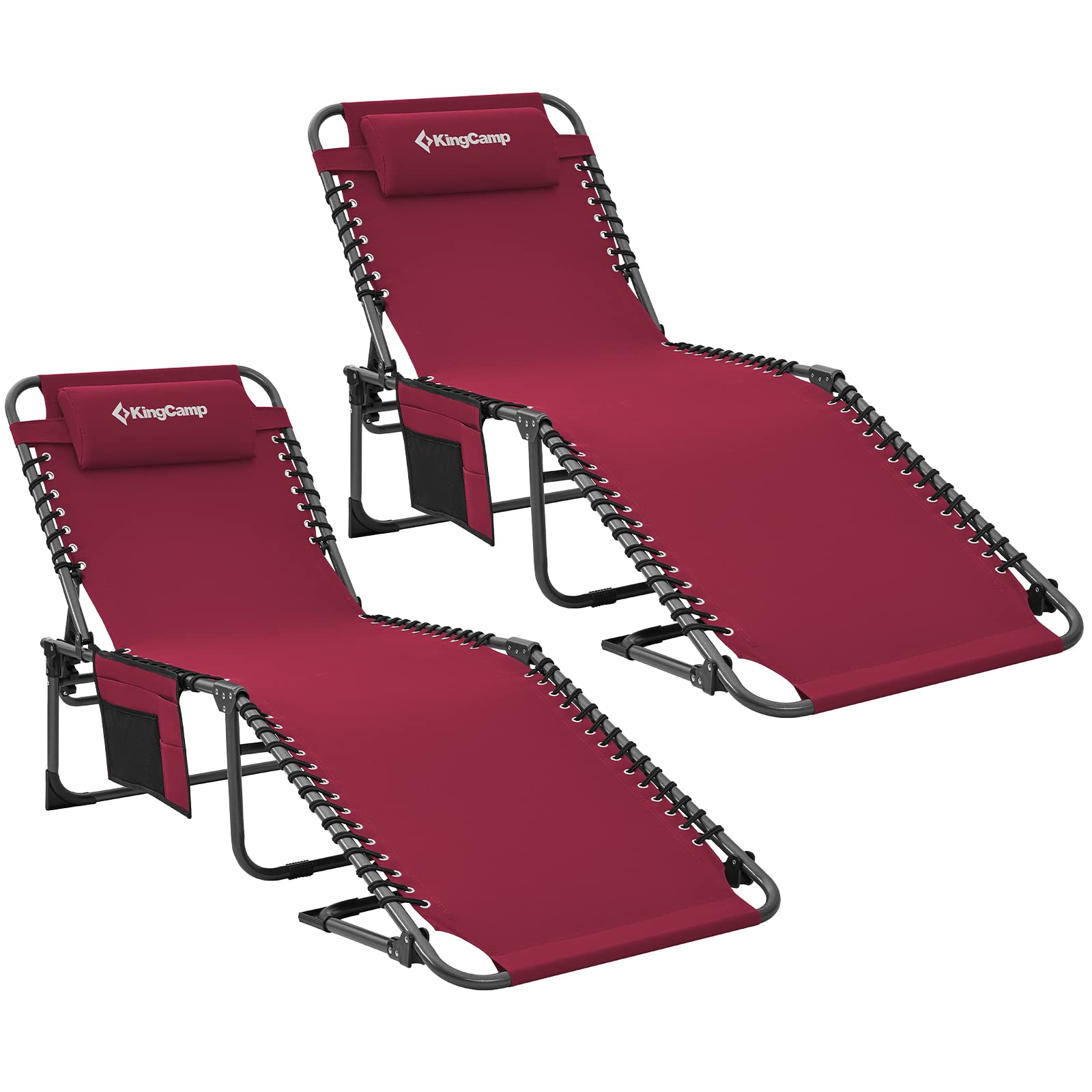 KingCamp Adjustable 5-Position Heavy Duty Folding Chaise Lounge Chair with Pillow Pocket, Portable Great for Outdoor Patio Lawn Beach Pool Sunbathing, Supports 264lbs（2 Pack）