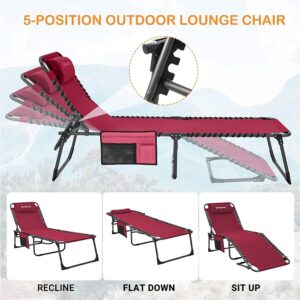 KingCamp Adjustable 5-Position Heavy Duty Folding Chaise Lounge Chair with Pillow Pocket, Portable Great for Outdoor Patio Lawn Beach Pool Sunbathing, Supports 264lbs（2 Pack）