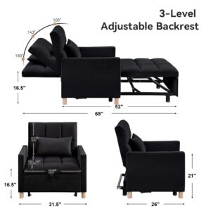 Otnqu Sleeper Chair Bed,Convertible Single Sofa Chair Bed with Pillow,Pull Out Sleeper Bed with Adjustable Backrest,Multi-Functiona Lounge Chair for Living Room(Black)