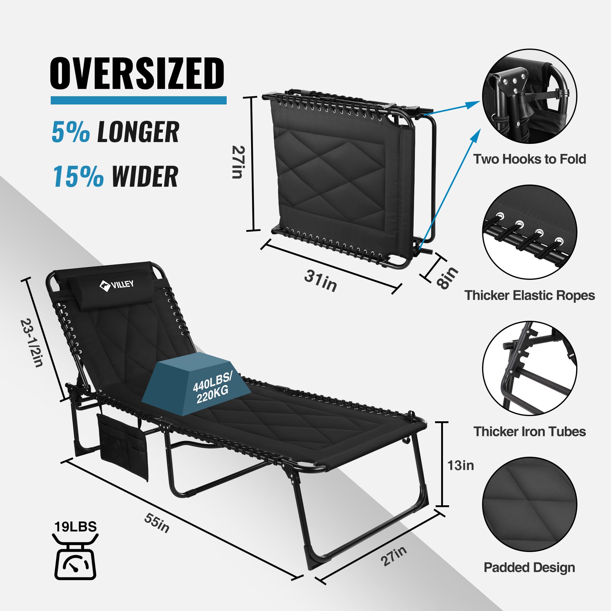 VILLEY Oversized Padded Chaise Lounge with Cushion, Foldable Camping Cot, Patio Reclining Lounge Chairs, Folding Sleeping Bed for Outdoor, Indoor, Backyard, Garden, Camping, Relaxing, Beach Tanning