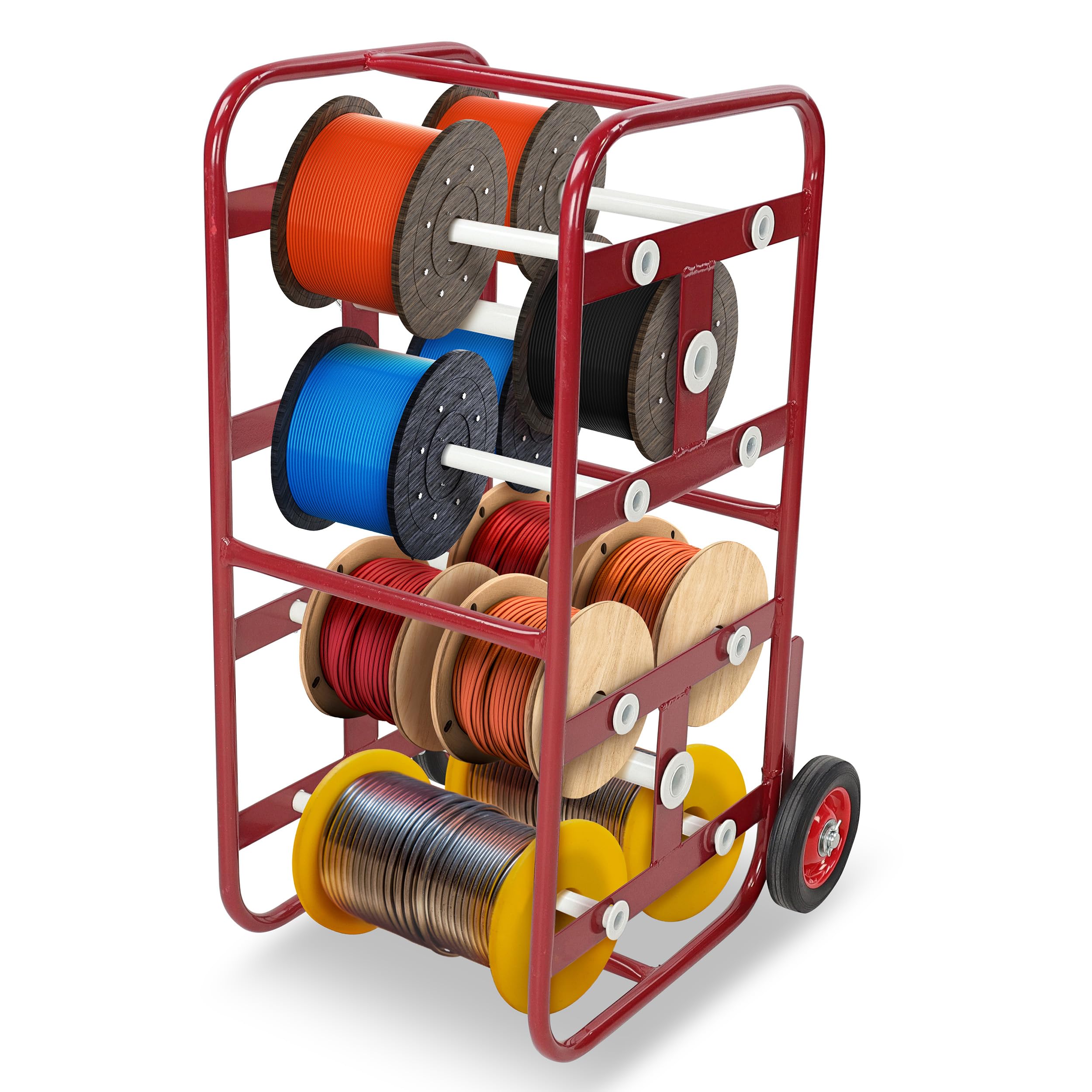 BISupply Wire Spool Rack Cable Caddy, Red - Wiring Spool Dispenser Bulk Cable Holder, Electrical Wires Dolly with Wheels