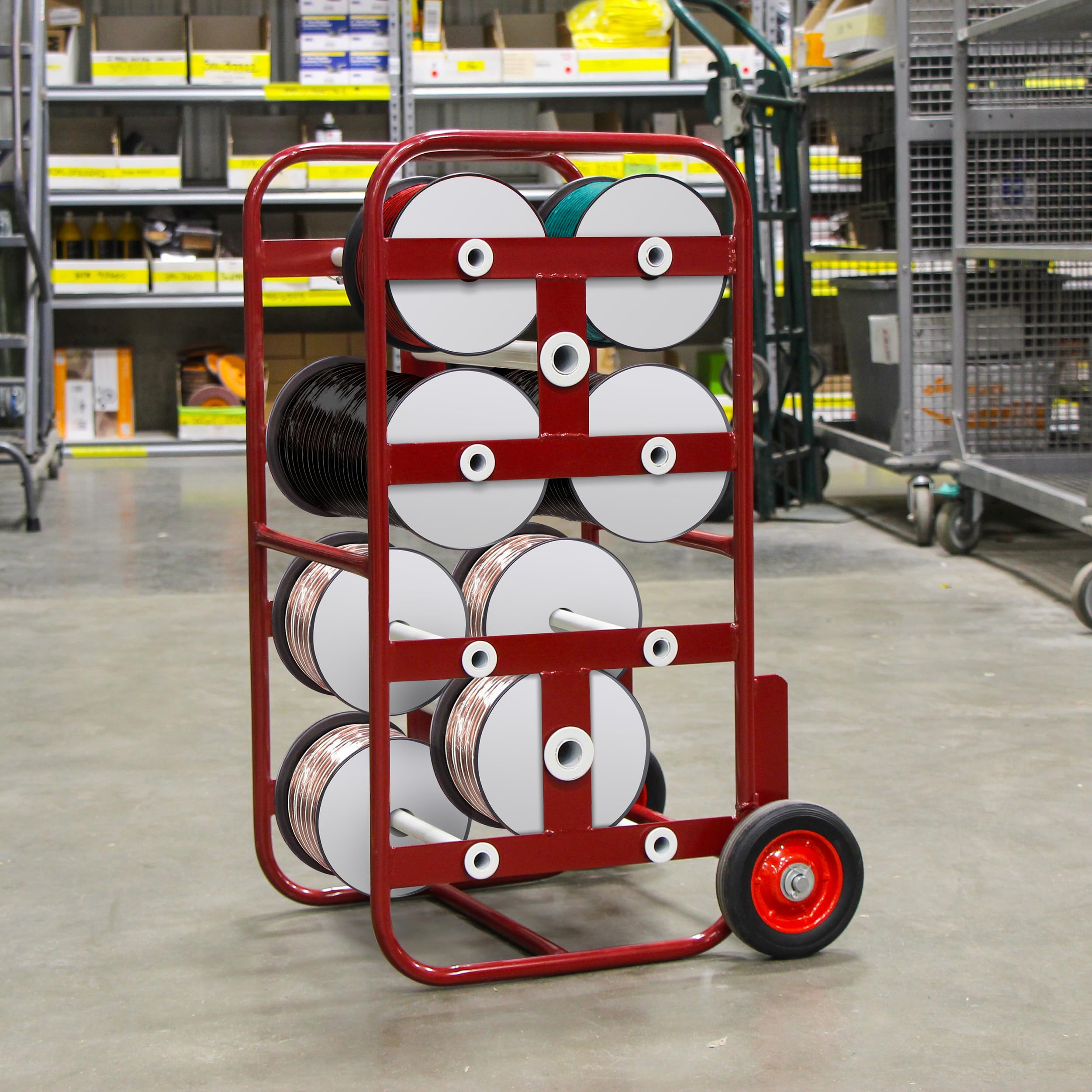 BISupply Wire Spool Rack Cable Caddy, Red - Wiring Spool Dispenser Bulk Cable Holder, Electrical Wires Dolly with Wheels