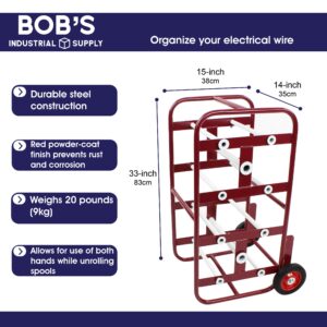 BISupply Wire Spool Rack Cable Caddy, Red - Wiring Spool Dispenser Bulk Cable Holder, Electrical Wires Dolly with Wheels