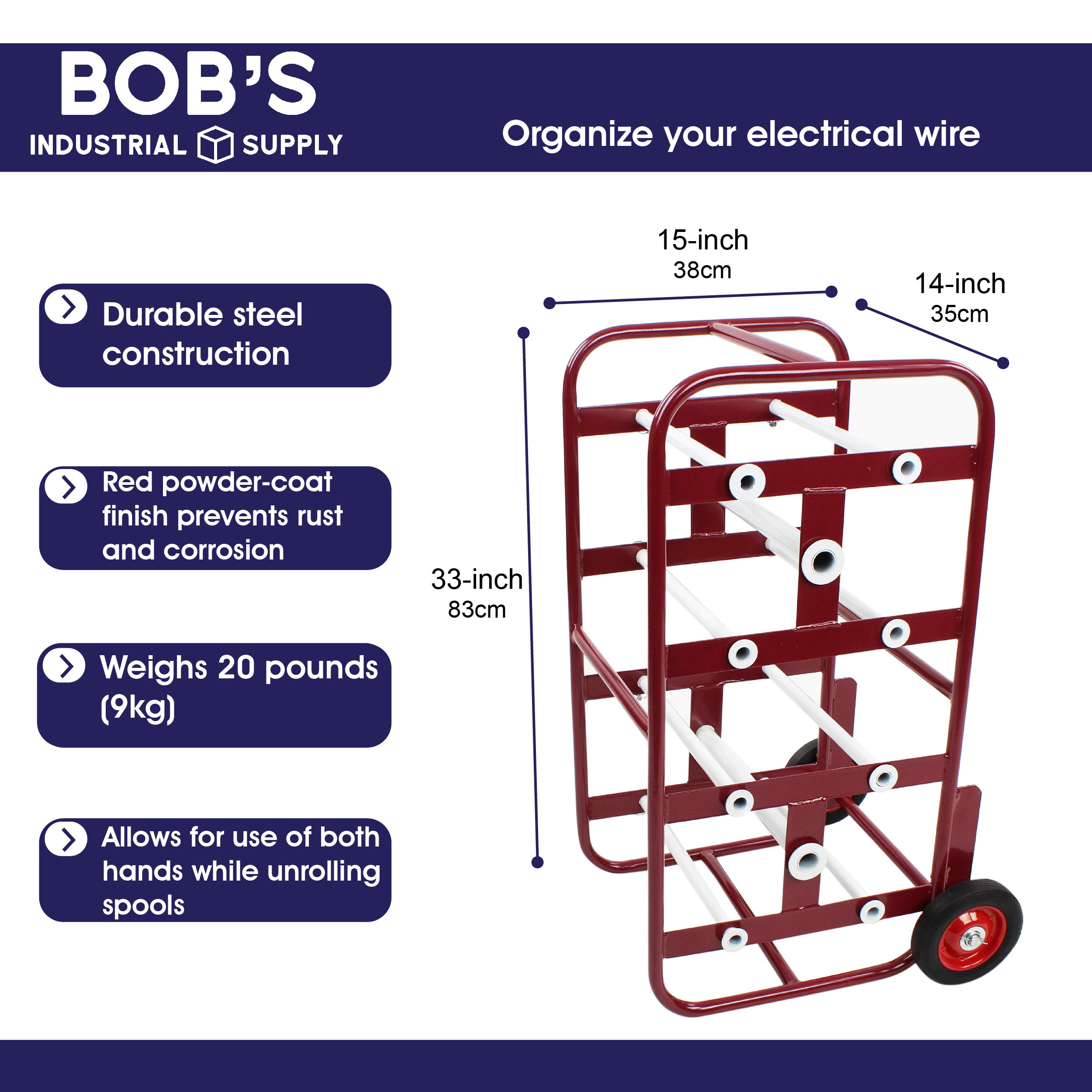 BISupply Wire Spool Rack Cable Caddy, Red - Wiring Spool Dispenser Bulk Cable Holder, Electrical Wires Dolly with Wheels