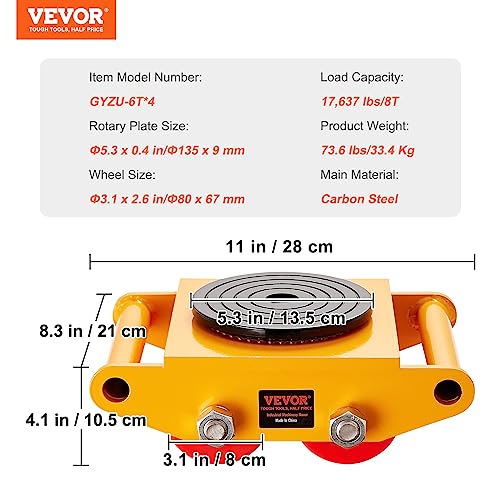 VEVOR 4pcs Machinery Mover, 8T Machinery Skate Dolly, 17637lbs Machinery Moving Skate, Machinery Mover Skate w/ 360° Rotation Cap and 4 Rollers, Heavy Duty Industrial Moving Equipment, Yellow