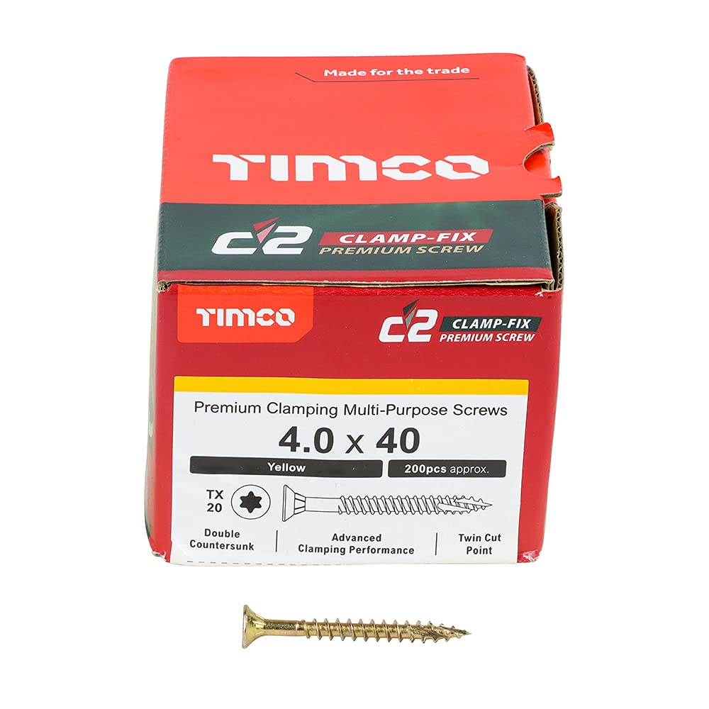 TIMCO 40040C2C C2 Clamp-Fix Multi-Purpose Premium Screws-TX-Double Countersunk-Gold-4.0 x 40-Box of 200