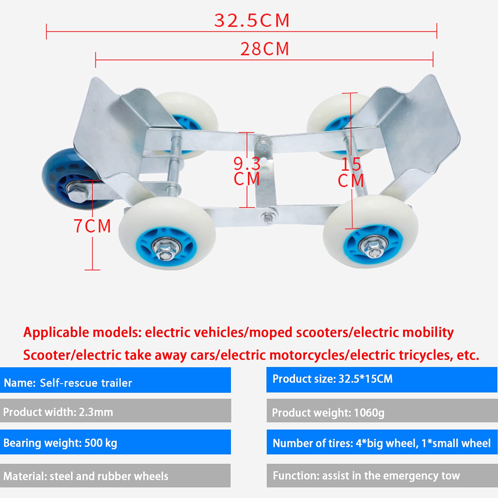 FREEDOH 500kg Self-Rescue Trailer Motorcycle Emergency Self-Rescue Booster Foldable Booster Trailer for Moped Scooters Motorcycles Electric Tricycles Electric Vehicles