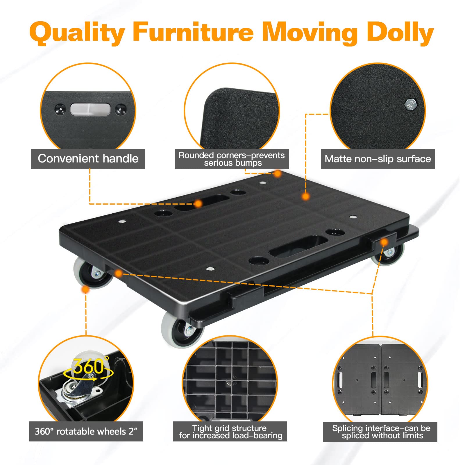 AQNIEGEP Furniture Dolly 4 Wheels Dollies for Moving Dollies with Wheel Dolly Cart with 2 x 60in Bungee Cords and A Pair of Gloves, Each Measures 16in x 11in x 3.5in, 550 lbs Capacity, 2 Pack