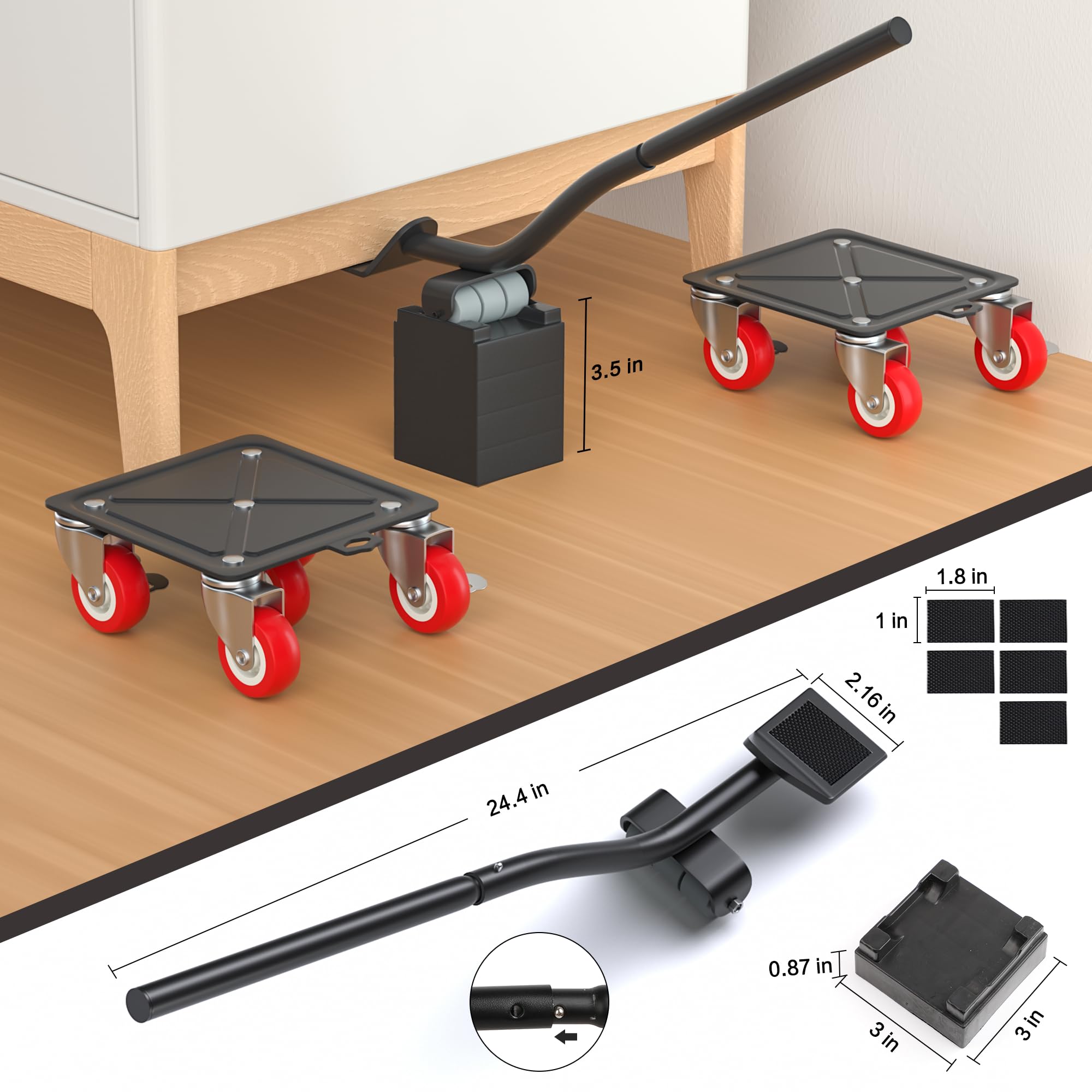 Heavy Duty Furniture Dolly with 5 Wheels, 3300 lbs Load Capacity for Easy Moving and Storage, Furniture Lift Mover Tool Set Perfect for Heavy Home or Office - Made of Premium Carbon Steel(4 Packs)