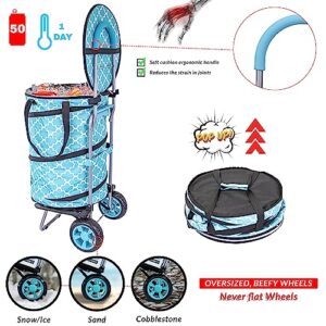 Bigger Cooler Trolley Dolly Insulated Folding Shopping Cart with Removable Bag Rolling Beach Tote Cooler with Wheels Pop Up Golf, Turquoise