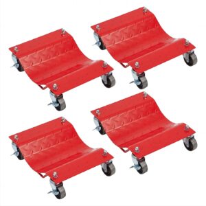 4-pack heavy duty tire skates, premium car dolly with 360 degree ball bearing wheels, 12" x 16" non-slip rubber surface, 1500 lbs per skate capacity red