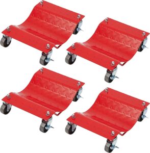 4-pack car dolly, heavy duty tire skates with 360 degree ball bearing wheels, 12" x 16" non-slip rubber surface, 1500 lbs per skate capacity red