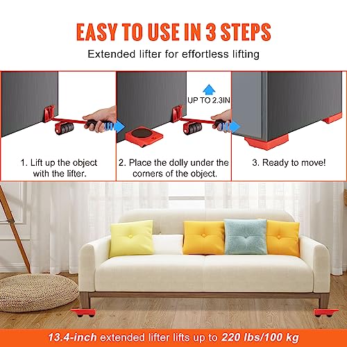 VEVOR Furniture Movers Slides Kit,4 Pack Appliance Roller with 4PP Wheels & 360° Rotation Non-Slip Cap and Heightening Pads,250Lbs Capacity Furniture Lift Mover Tool Set for Moving Heavy Furniture,Red