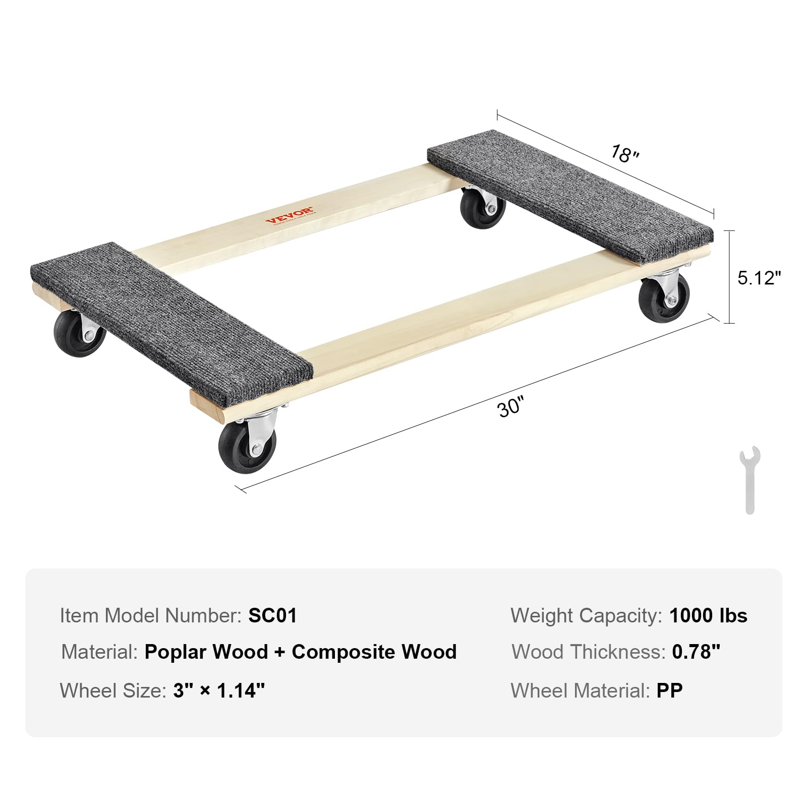 VEVOR Hardwood Furniture Moving Dolly, 30 in. x 18 in. 4 x 3 PP Swivel Casters, Heavy Duty Wooden Mover Dollies, Moving Cart with Wheels for Heavy Furniture, 1000 lbs. Capacity, 1 Pack