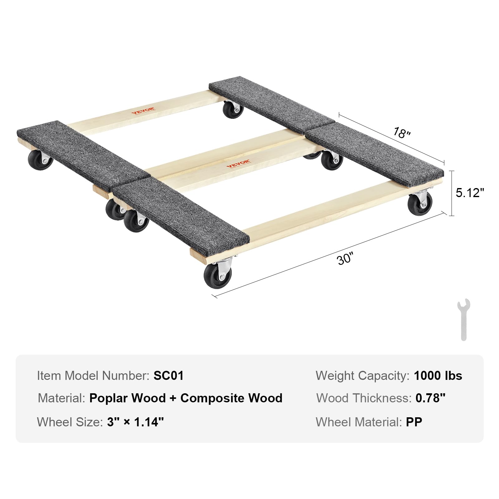 VEVOR Hardwood Furniture Moving Dolly, 30 in. x 18 in. 4 x 3 PP Swivel Casters, Heavy Duty Wooden Mover Dollies, Moving Cart with Wheels for Heavy Furniture, 1000 lbs. Capacity, Two Pack