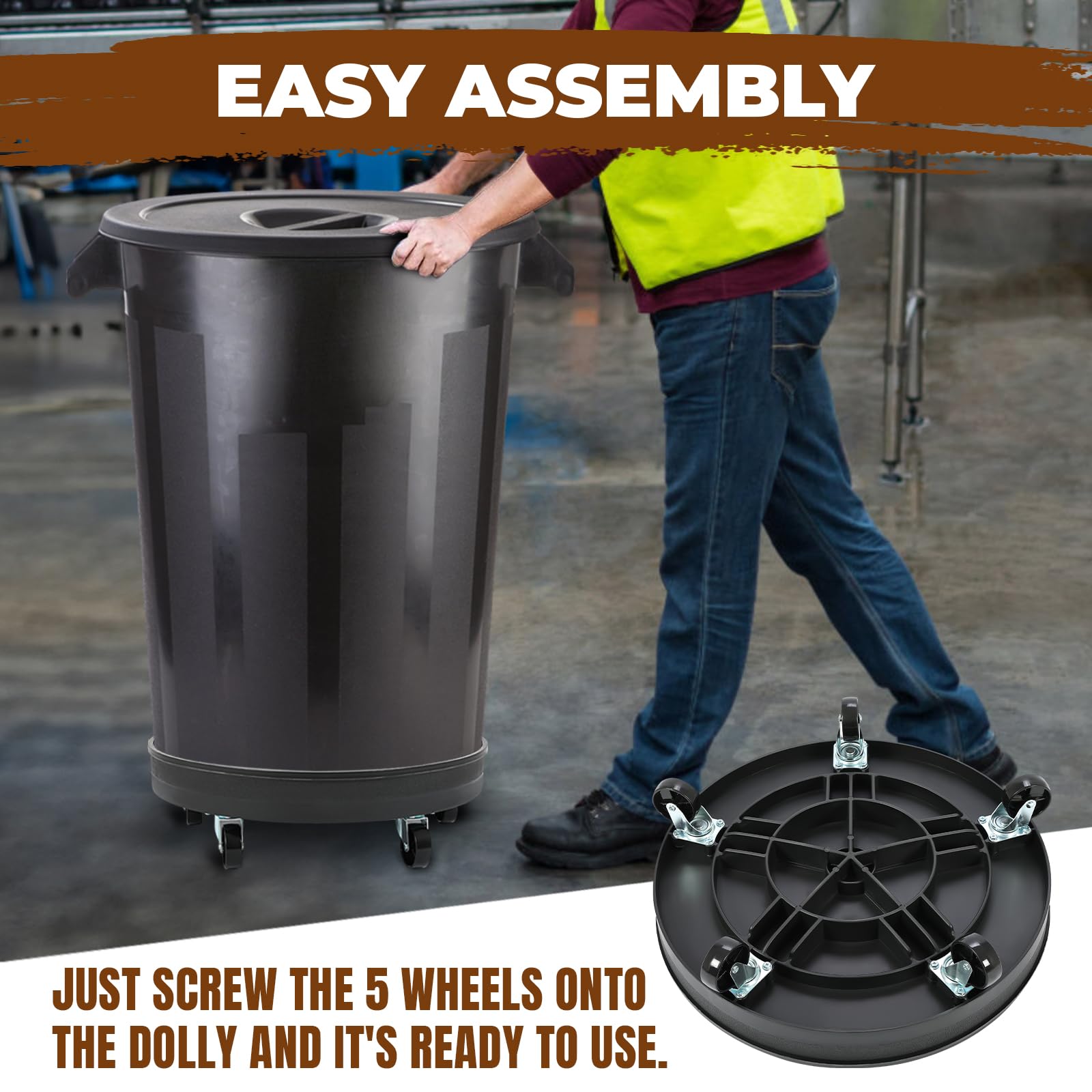 HECASA Universal Drum Dolly for 55 Gallon Round Container, 500 lbs Heavy Duty Plastic Drum Cart Barrel Cart Barrel Dolly Water Drums Trash Can Dolly with 5 Swivel Wheels for Transport Black