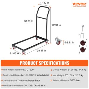 VEVOR Folding Chair Dolly, 39"L x 21"W x 42.9"H L-Shaped Steel Vertical Storage Cart, Multi-Function Chair Cart with 4 Casters 12 Chairs Capacity for Flat Stacking Plastic Resin & Wood Chairs, Black