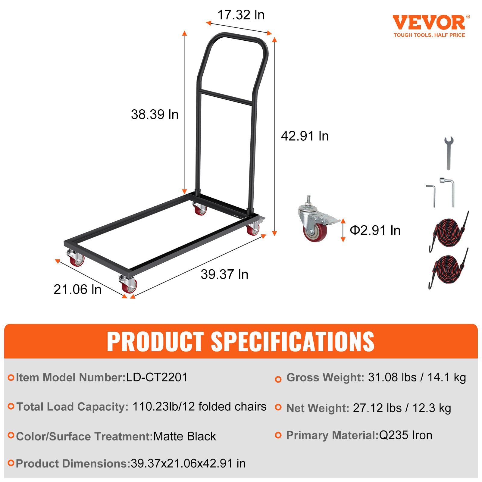 VEVOR Folding Chair Dolly, 39"L x 21"W x 42.9"H L-Shaped Steel Vertical Storage Cart, Multi-Function Chair Cart with 4 Casters 12 Chairs Capacity for Flat Stacking Plastic Resin & Wood Chairs, Black