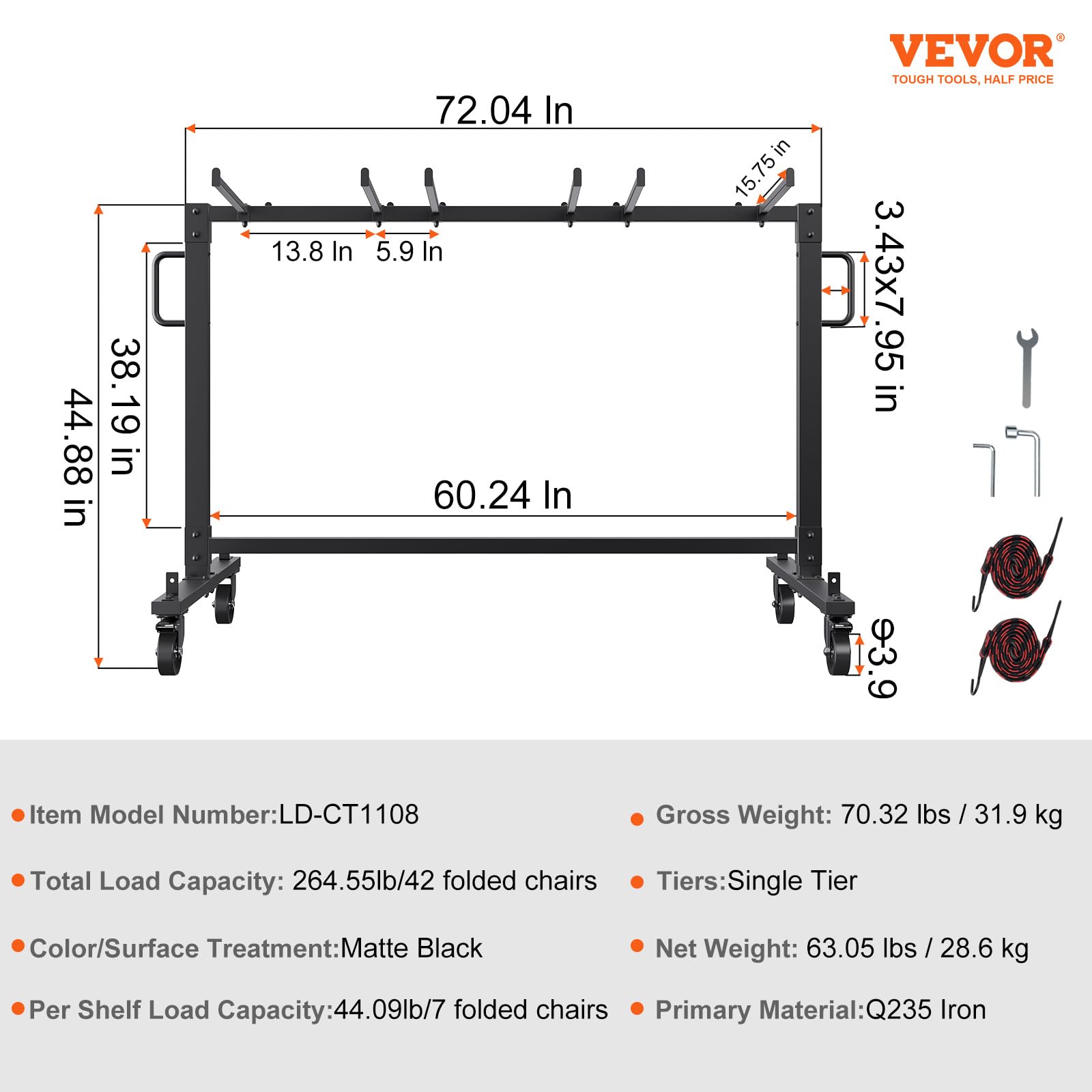 VEVOR Folding Cart Single Layer Mobile Stackable Dolly, Storage Rack Trolley with 265 Lbs Capacity to Store 42, Heavy Duty Iron Chairs Holder with 4 Casters, 2 Elastic Cords, Cover, Matte Black