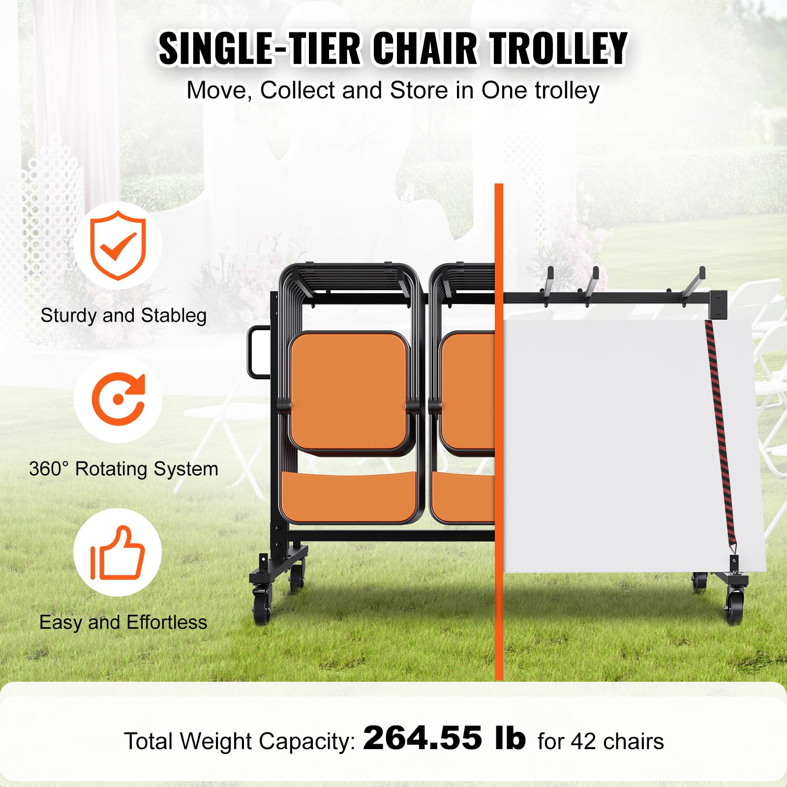 VEVOR Folding Cart Single Layer Mobile Stackable Dolly, Storage Rack Trolley with 265 Lbs Capacity to Store 42, Heavy Duty Iron Chairs Holder with 4 Casters, 2 Elastic Cords, Cover, Matte Black