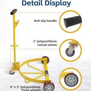 MaxWorks 50858 55 Gallon Drum Dolly, 1200lbs capacity, with 2 fixed PU Wheels and 1 swivel wheel - Low Profile Steel Oil Drum Caddy Oil Barrel Drum Roller Hand Cart