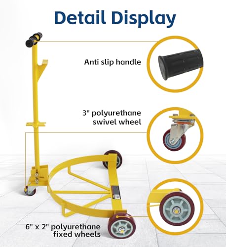 MaxWorks 50858 55 Gallon Drum Dolly, 1200lbs capacity, with 2 fixed PU Wheels and 1 swivel wheel - Low Profile Steel Oil Drum Caddy Oil Barrel Drum Roller Hand Cart