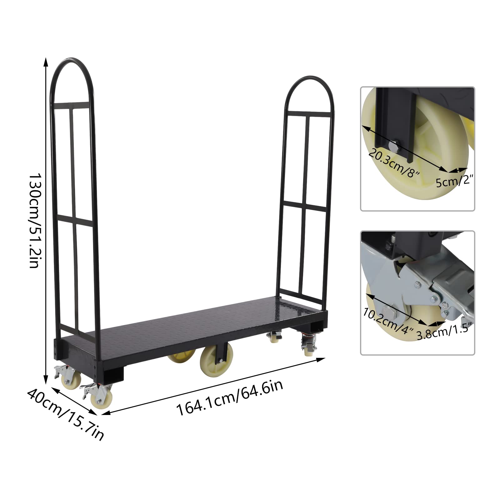 65"x16" U-Boat Steel Platform Cart Dolly with Removable Handles & 6pcs Wheels,Heavy Duty Industrial Narrow Aisle Hand Truck for Warehouse Transport,2000 lbs Capacity