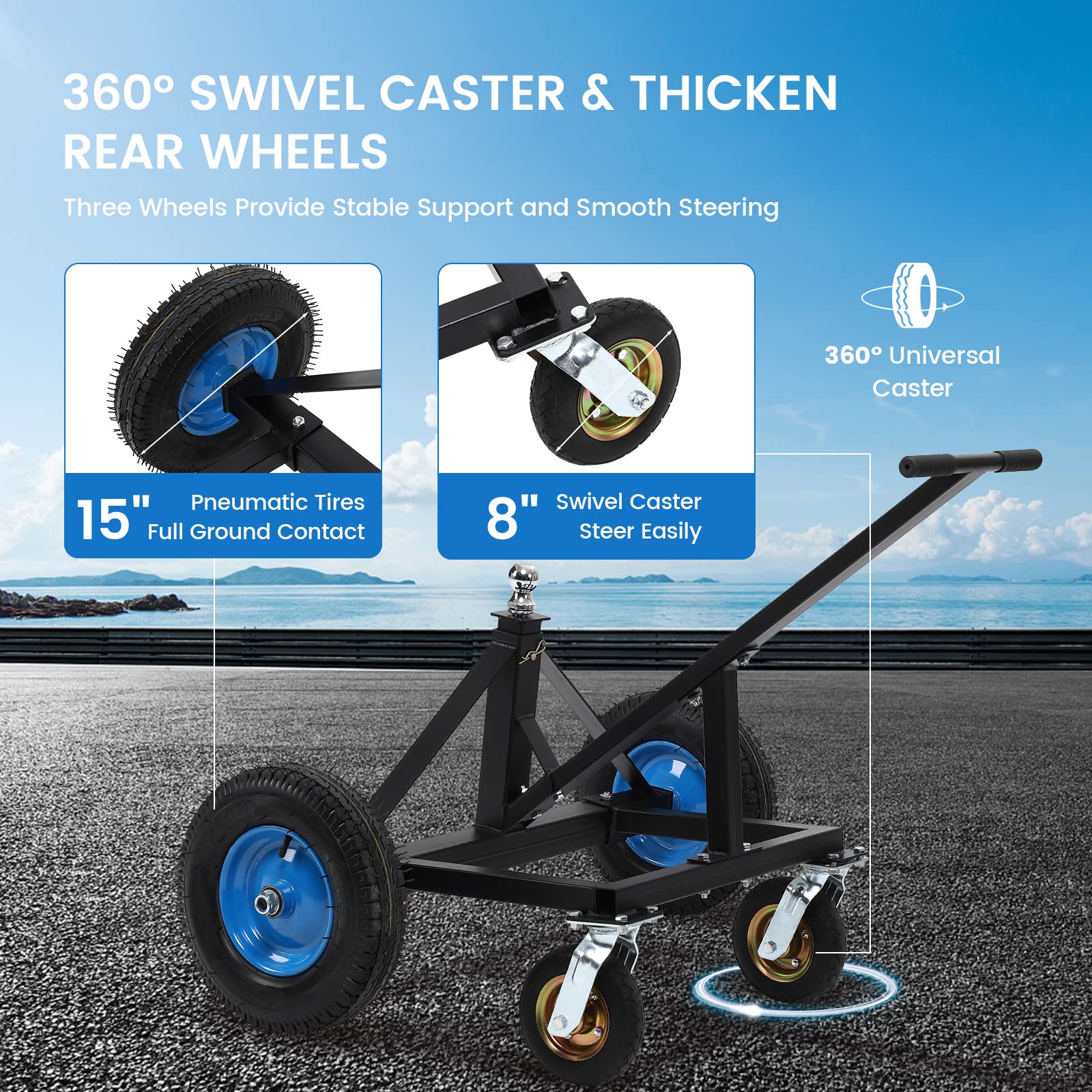 Adjustable Trailer Dolly, 1500lbs Load Capacity, Carbon Steel Trailer Mover with25.59''-34.65'' Adjustable Height, 15" Pneumatic Tires for Moving Boat Trailers/Utility/Cargo/RV Trailers