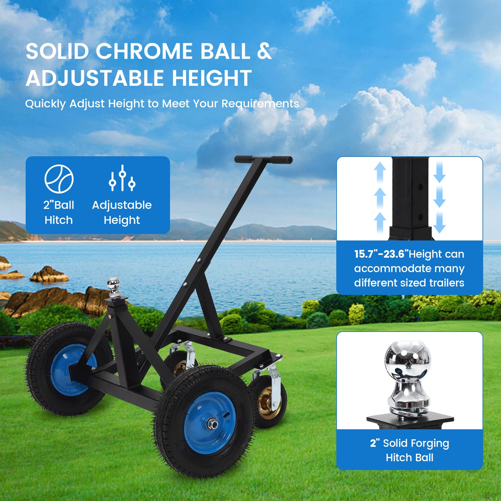 Adjustable Trailer Dolly, 1500lbs Load Capacity, Carbon Steel Trailer Mover with25.59''-34.65'' Adjustable Height, 15" Pneumatic Tires for Moving Boat Trailers/Utility/Cargo/RV Trailers