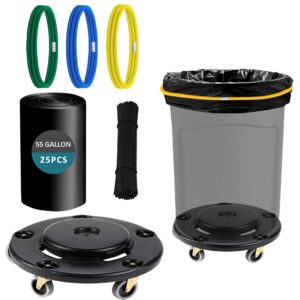 angelvet trash can dolly compatible with brute trash can 55 gallon 1.5 mil trash bags 50 bags with ties and rubber bands | heavy-duty | 5 caster | 500 lb capacity | 18 inch black