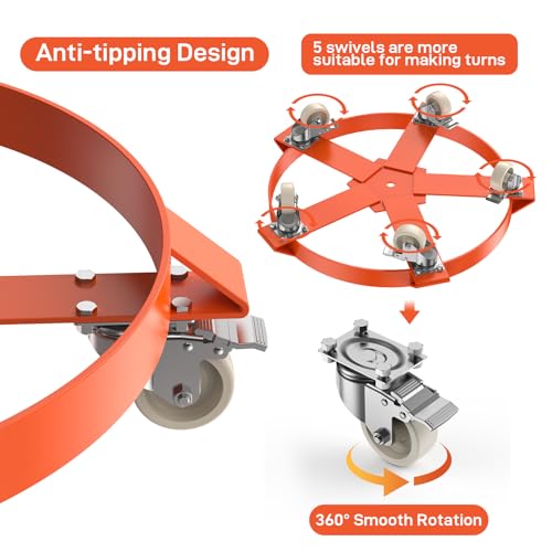 1250 LBS Capacity Drum Dolly, 55 Gallon Barrel Dolly with 5 Caster Wheels, Trash Can Dolly Non-tipping Hand, Orange Steel Frame Dolly