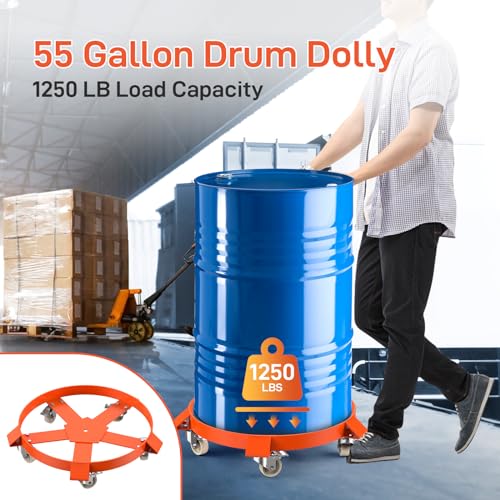 1250 LBS Capacity Drum Dolly, 55 Gallon Barrel Dolly with 5 Caster Wheels, Trash Can Dolly Non-tipping Hand, Orange Steel Frame Dolly