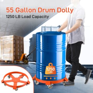 1250 LBS Capacity Drum Dolly, 55 Gallon Barrel Heavy Duty Dolly with 5 Caster Wheels, Trash Can Dolly Non-tipping Hand, Orange Steel Frame Dolly