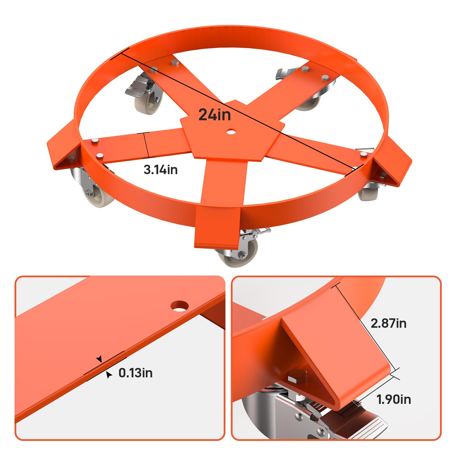 1250 LBS Capacity Drum Dolly, 55 Gallon Barrel Heavy Duty Dolly with 5 Caster Wheels, Trash Can Dolly Non-tipping Hand, Orange Steel Frame Dolly