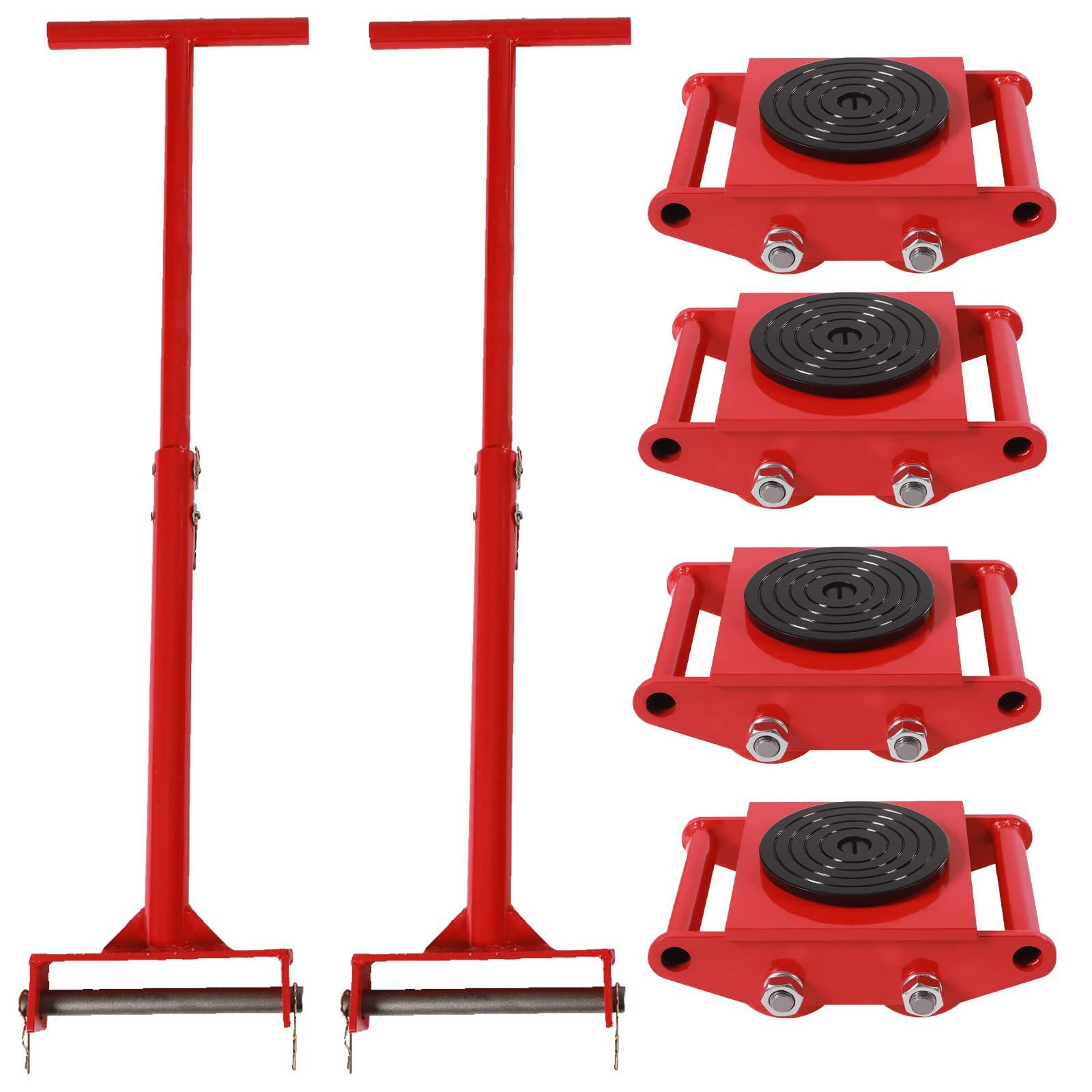 Yellulu 4pcs Machinery Mover, 6T Machinery Skate Dolly with 2 Steering Handle, 13200lbs Machinery Moving Skate, with 360°Rotation Cap and 4 Rollers, Heavy Duty Industrial Moving Equipment,Red