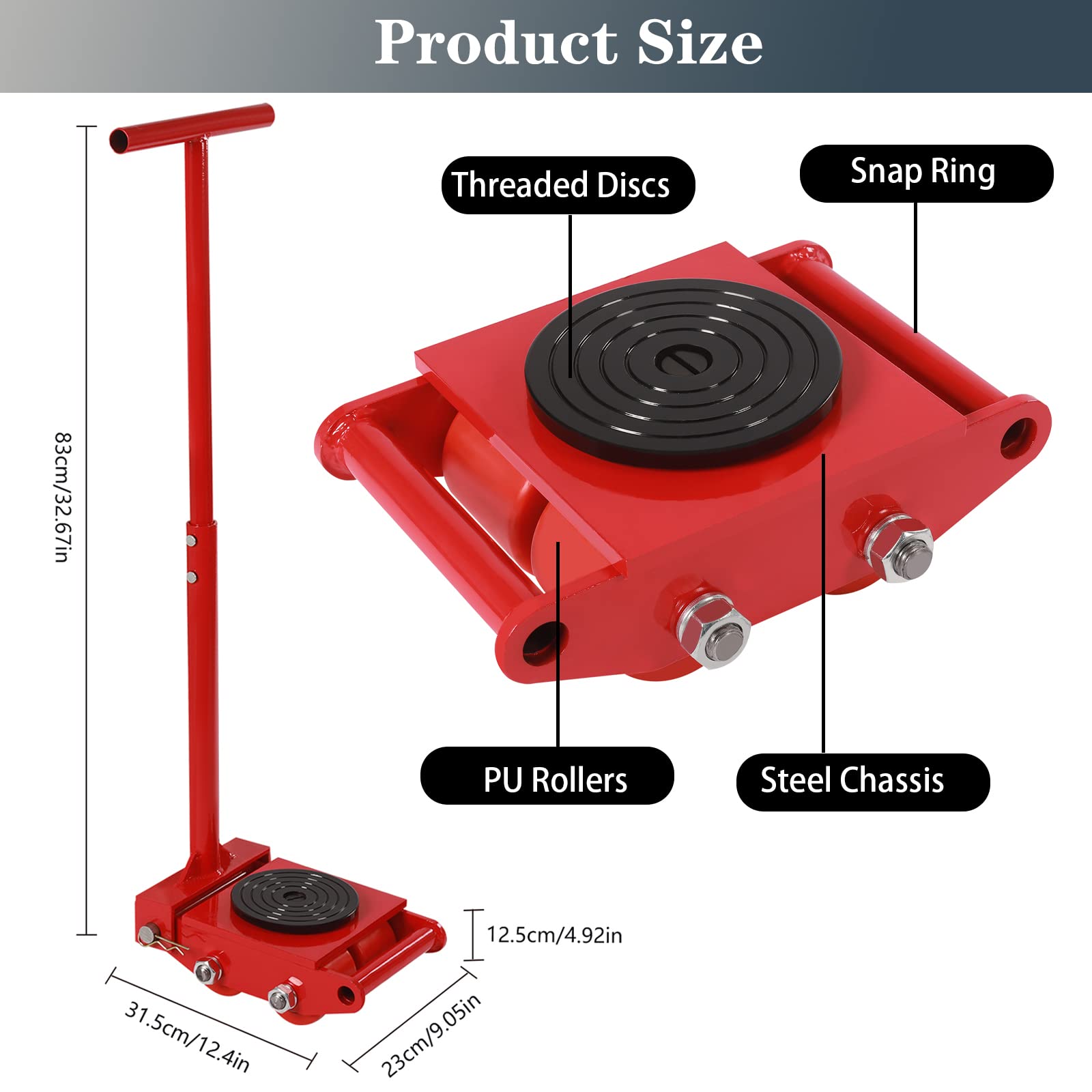 Yellulu 4pcs Machinery Mover, 6T Machinery Skate Dolly with 2 Steering Handle, 13200lbs Machinery Moving Skate, with 360°Rotation Cap and 4 Rollers, Heavy Duty Industrial Moving Equipment,Red