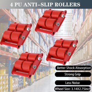 Yellulu 4pcs Machinery Mover, 6T Machinery Skate Dolly with 2 Steering Handle, 13200lbs Machinery Moving Skate, with 360°Rotation Cap and 4 Rollers, Heavy Duty Industrial Moving Equipment,Red