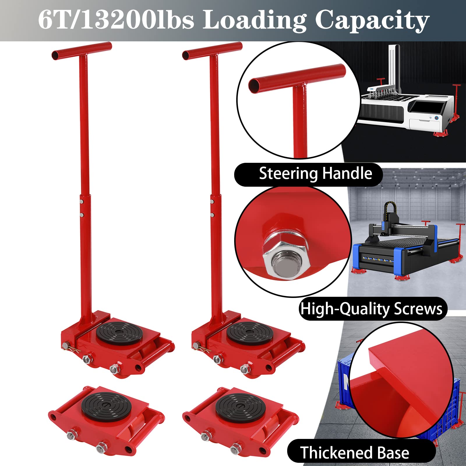 Yellulu 4pcs Machinery Mover, 6T Machinery Skate Dolly with 2 Steering Handle, 13200lbs Machinery Moving Skate, with 360°Rotation Cap and 4 Rollers, Heavy Duty Industrial Moving Equipment,Red