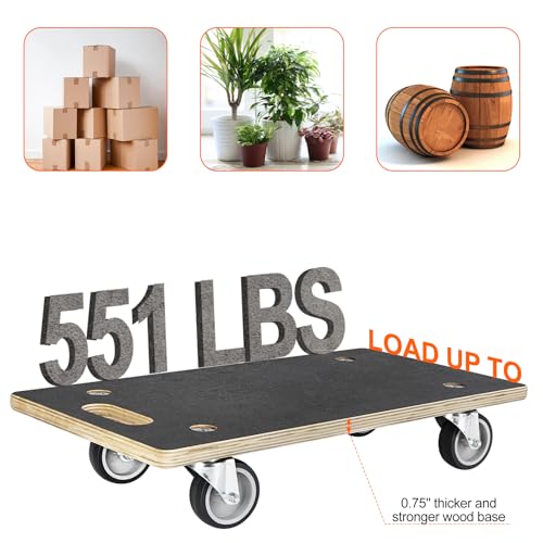 Katsuyoku furniture movers with Wheels 2 pack rectangle wood platform dolly cart 550 Lbs capacity heavy duty furniture mover carrier with 4 Wheels small moving dolly, heavy objects hauling