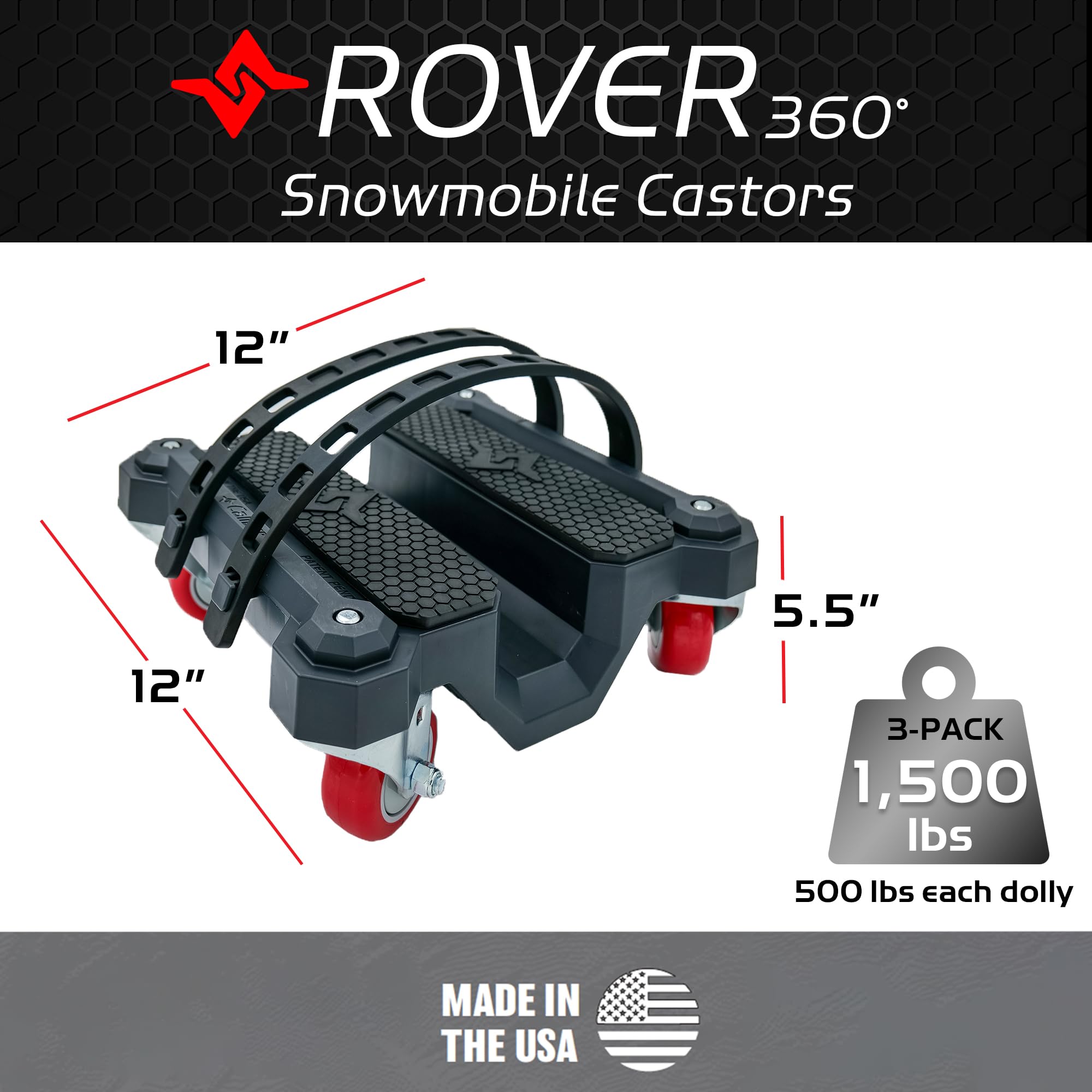 Caliber Rover 360 Snowmobile Dolly, Heavy-Duty Casters Hold 1,500 LBS, 3-Pack