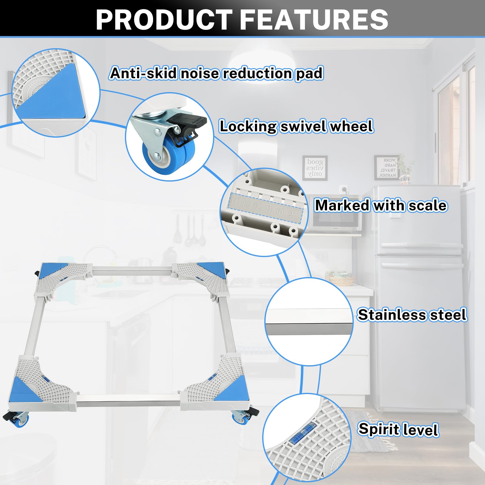 NATGAI Mini Fridge Stand, Adjustable Furniture Dolly Roller Base with 4 Locking Swivel Wheels, Universal Mobile Base Moving Cart for Washing Machine Refrigerator and Dryer (8 Wheels)