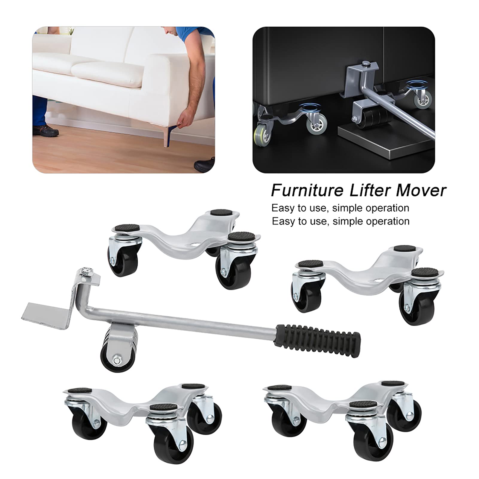 Furniture Movers Dolly with Wheels and Lifter Moving Plate, 881.8 lbs Load Capacity, Portable Moving Rollers Leg Dollies, Great for Moving Furniture and Appliances, Silver