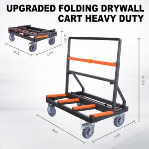 Folding Drywall Cart Heavy Duty,with Rubber Swivel Casters Panel Dolly Handling,Capacity for Home Warehouse, Handling Wall Panel,Sheetrock,Glass (Loading Deck No Extensible)